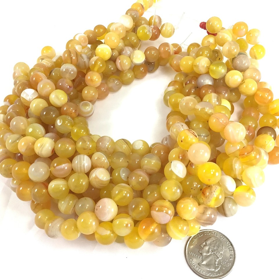 Natural Gold Yellow Stripe Agate Round Bead 15" Jewelry Making Gemstone ...