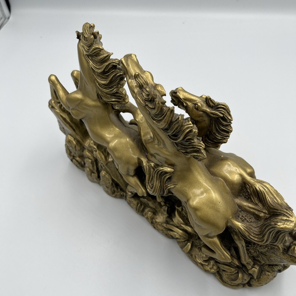 3 Running Horses Statue – Resin Wood Look w/ Gold Finish Prosperity ...