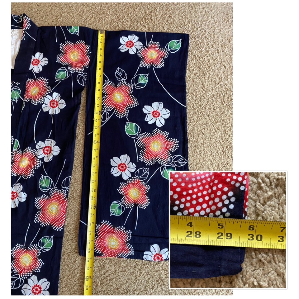(S) Blue YUKATA Furisode Style Cotton kimono indigo Flower White Red ...