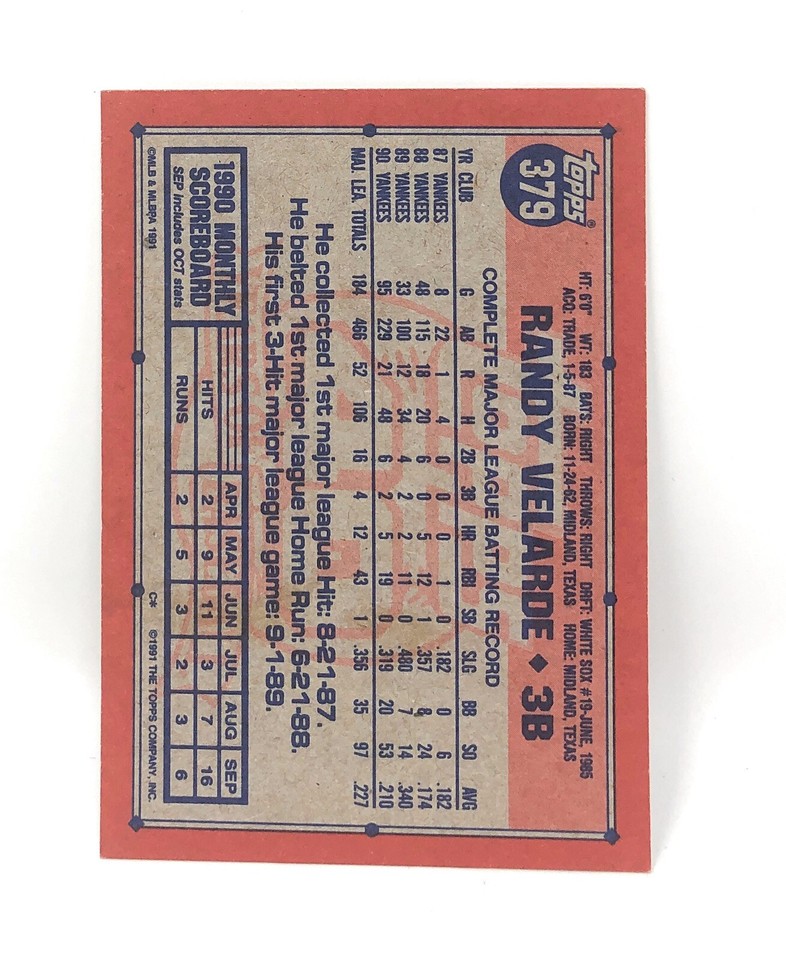1991 Topps Baseball Card #379 - Randy Velarde - New York Yankees - 3B ...