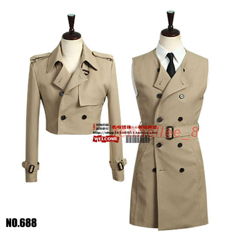 Fashion Mens Two-piece Coat Windbreaker Trench Coat Long Vest Formal ...