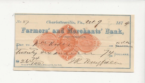 1874 CHARLOTTESVILLE VA CHECK SIGNED CONFEDERATE 2ND VA CAVALRY J. R ...