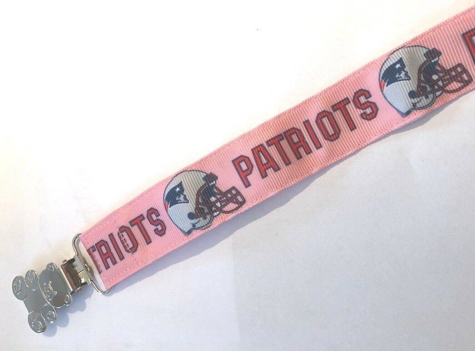 HANDMADE PACIFIER HOLDER Decorated w/NEW ENGLAND PATRIOTS Pink Ribbon ...
