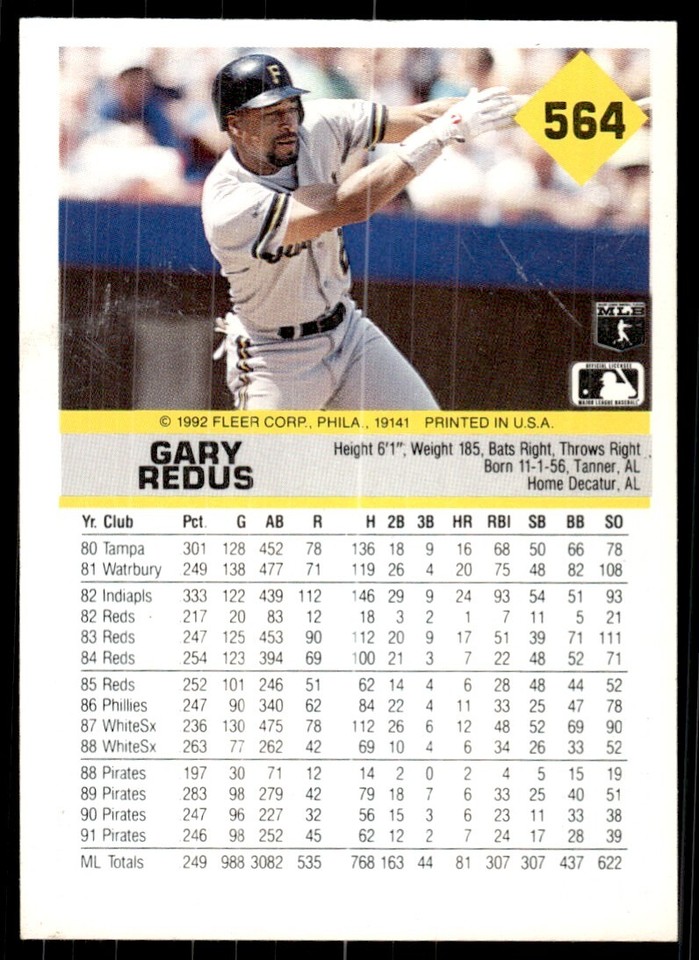 1992 Fleer Baseball Card Gary Redus Pittsburgh Pirates #564 | eBay