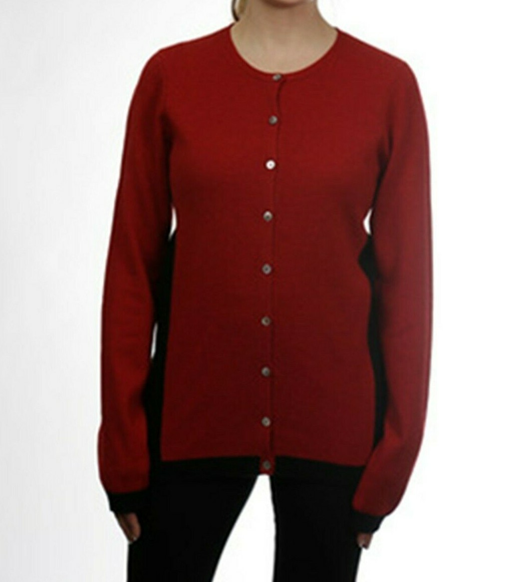 Rivatta brand cashmere crew cardigan in color red w black side panels ...