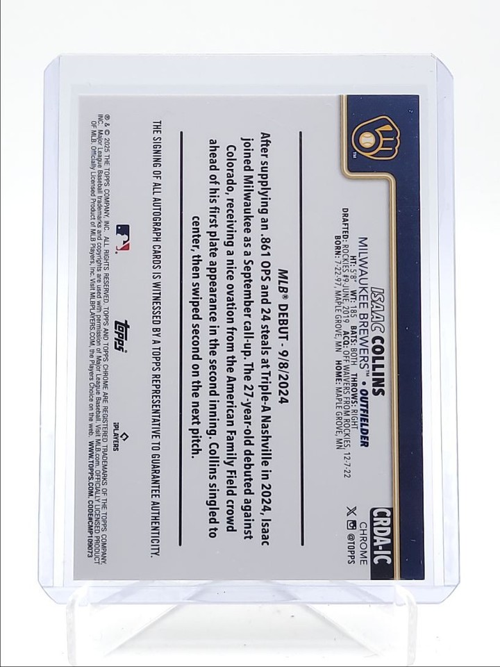 ISAAC COLLINS 2025 TOPPS CHROME UPDATE ROOKIE DEBUT AUTOGRAPH D RC AUTO ...