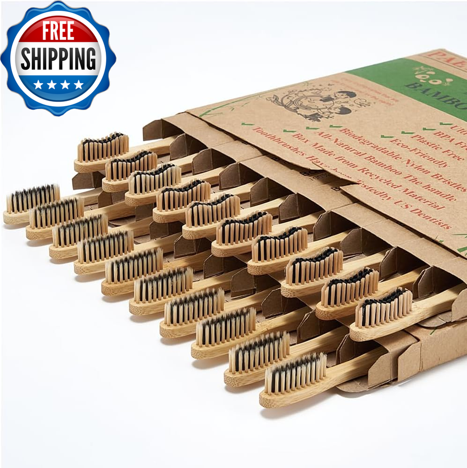 20 Count Bamboo Toothbrushes Soft+Mediu Natural Wood Toothbrush Bulk ...