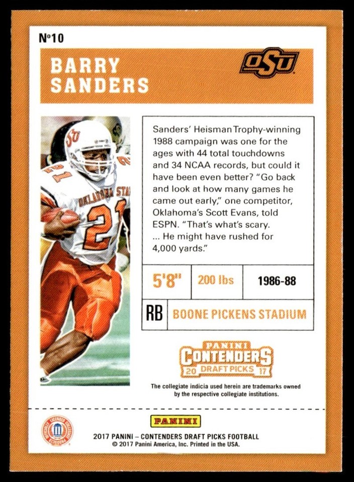 2017 Panini Contenders Draft Picks Barry Sanders Oklahoma State Cowboys ...
