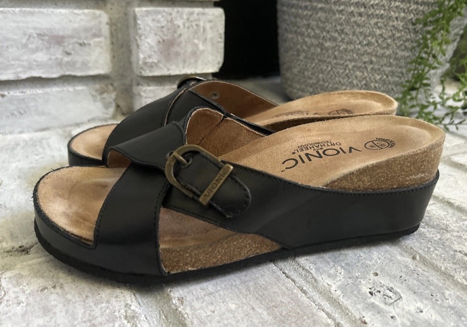 VIONIC Mallorca Womens 7 38 Black Leather Strap Cork Wedge Slip On ...