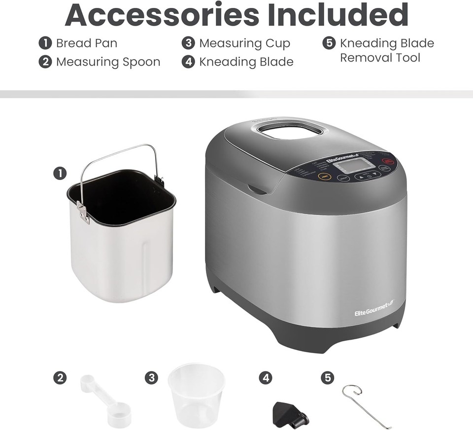 "Elite Gourmet Bread Maker 2Lb, 19 Menu, 3 Loaf Sizes, Stainless Steel ...