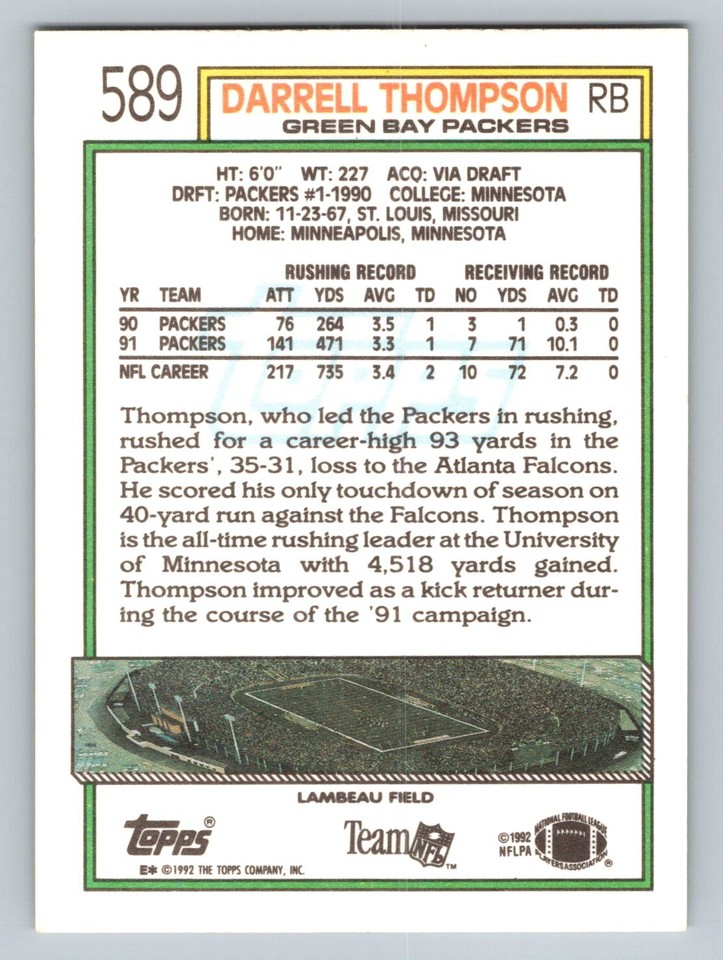 Darrell Thompson 1992 Topps #589b Green Bay Packers | eBay