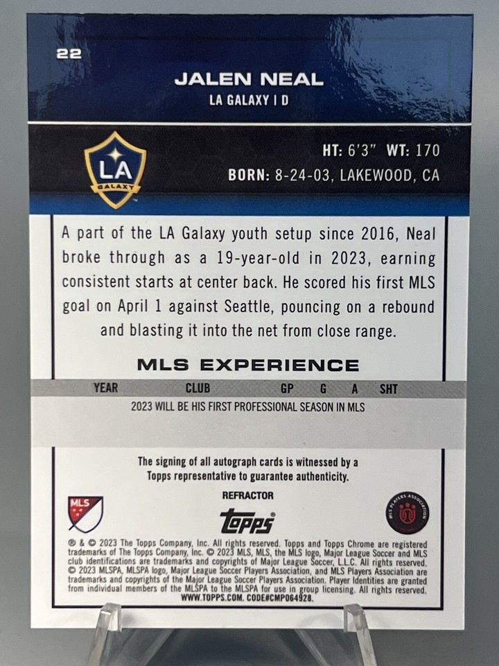2023 TOPPS CHROME MLS JALEN NEAL REFRACTOR RC AUTO #22 LA GALAXY | eBay