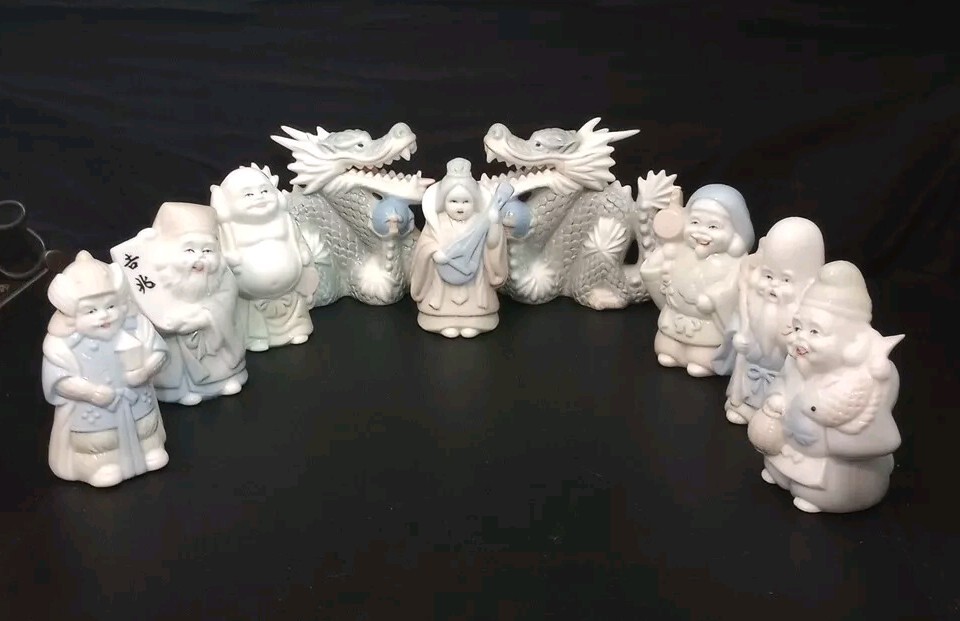Pair of Yashimi K Porcelain Light Blue Dragon & 7 Lucky Gods Figurines ...
