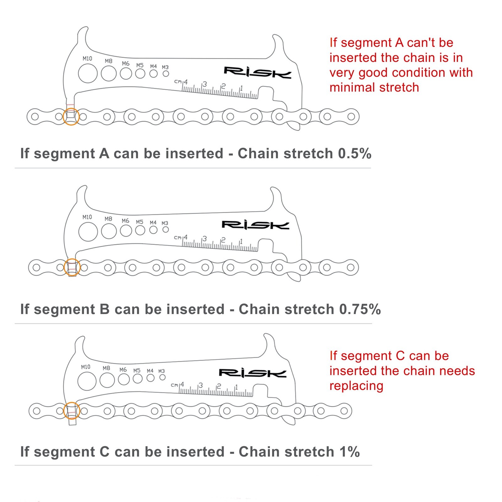 Bike Chain Checker Wear Indicator Cycle Chain Gauge - Laser Cut 3 in1 ...