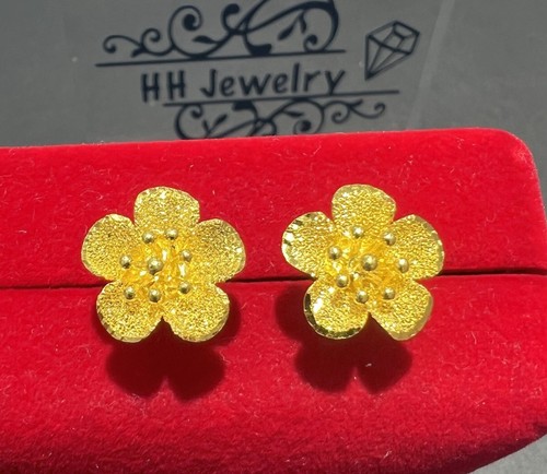 24K Solid Yellow Gold Flower Stud Earrings | eBay