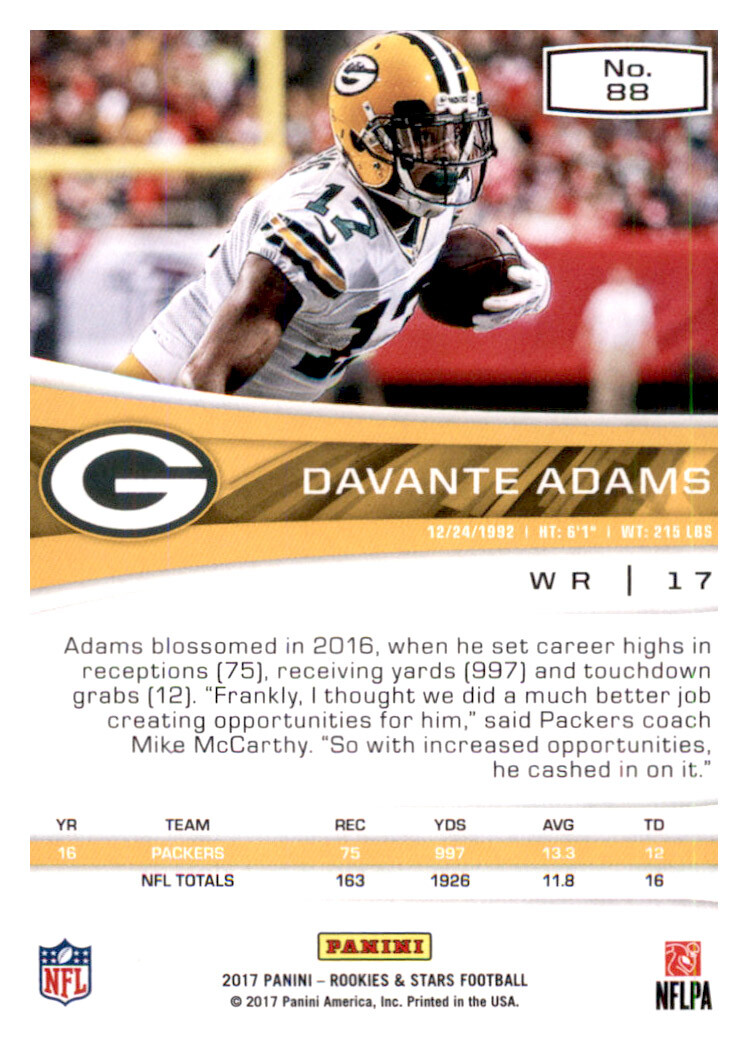2017 Rookies & Stars Davante Adams NFL PWE Base Card Packers #88 | eBay