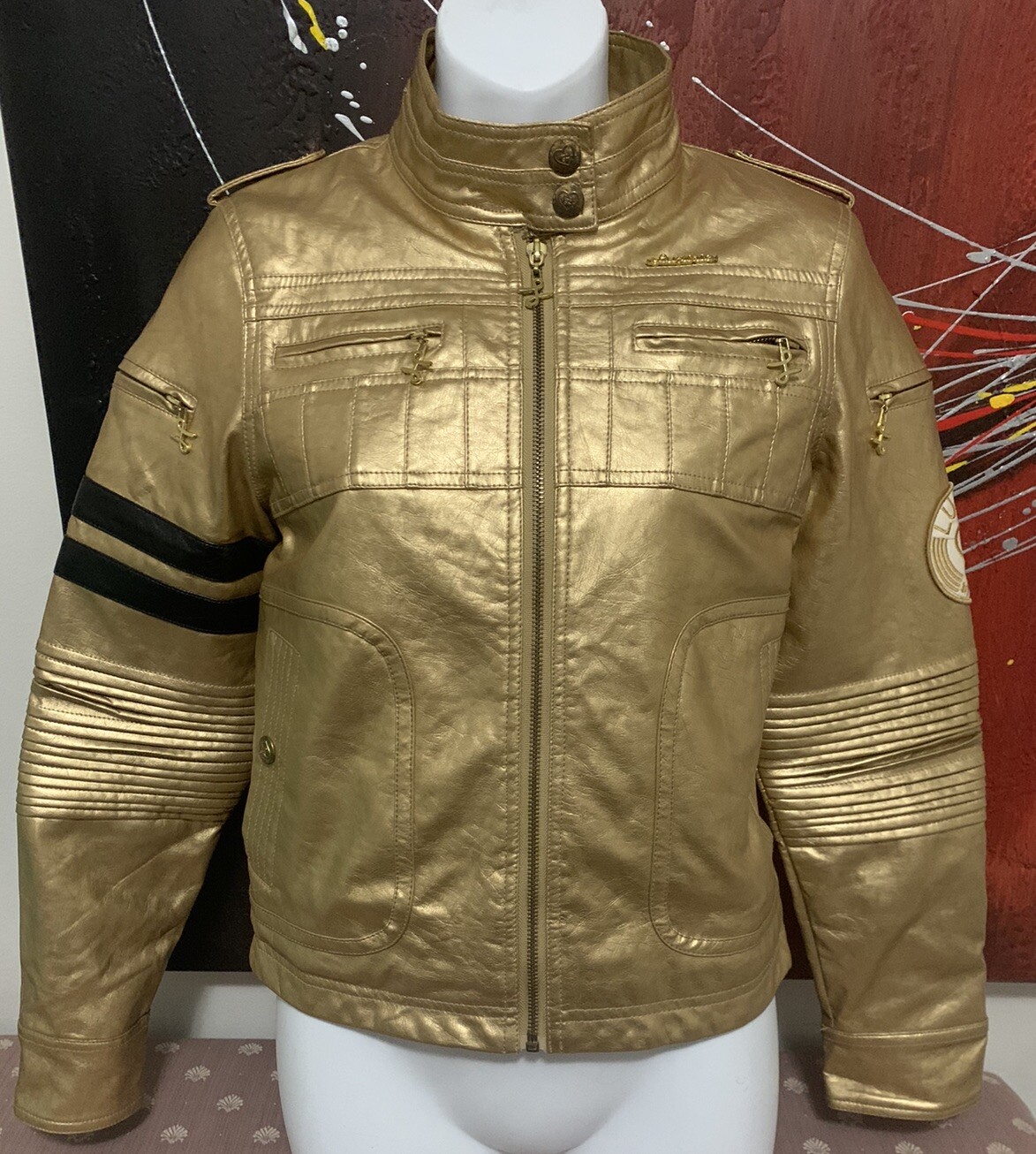 Luxirie by Lrg Size M Motorcycle Gold Jacket Stripes Patch Quilted ...