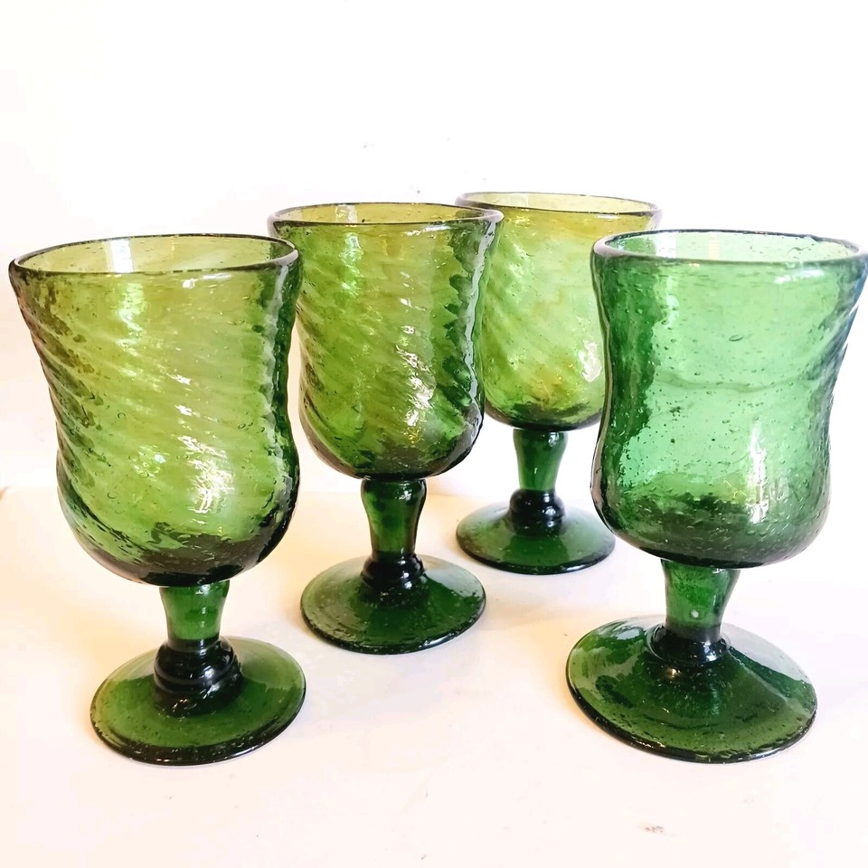Vintage Hand Blown Mexican Glass Goblets Green Swirl Set Of 4 Cordial ...