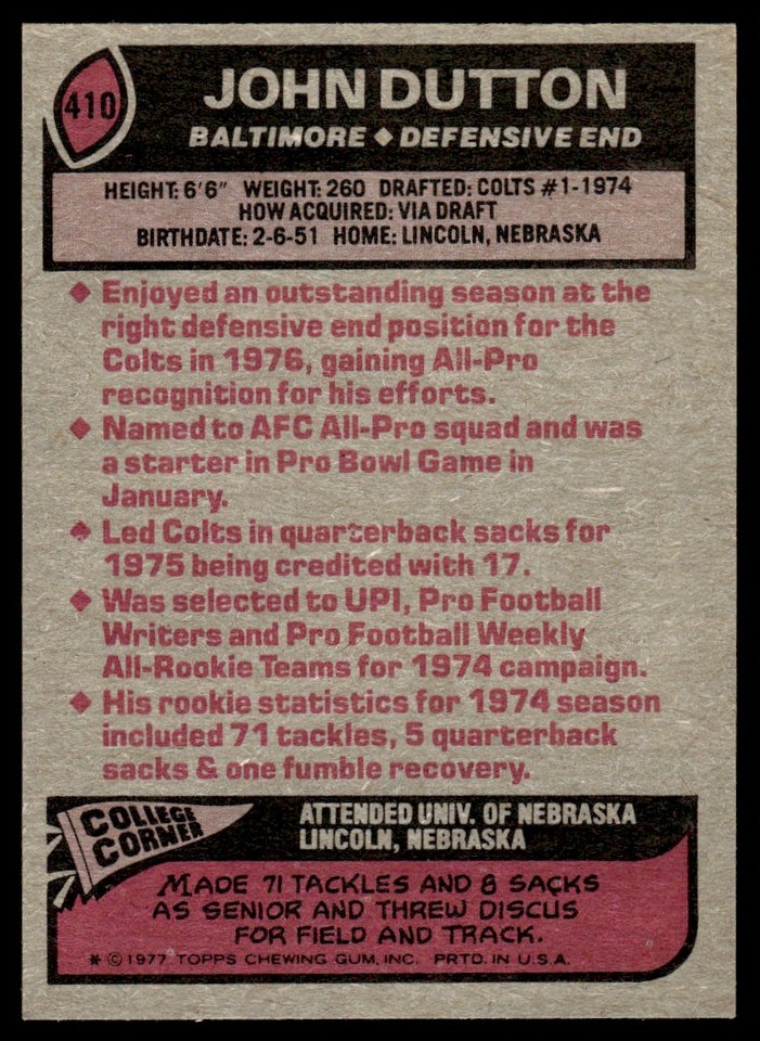 1977 Topps Card Football John Dutton Baltimore Colts #410 NM | eBay