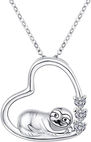 925 Sterling Silver Sloth Necklace Crystal CZ Heart Pendant Gifts for ...