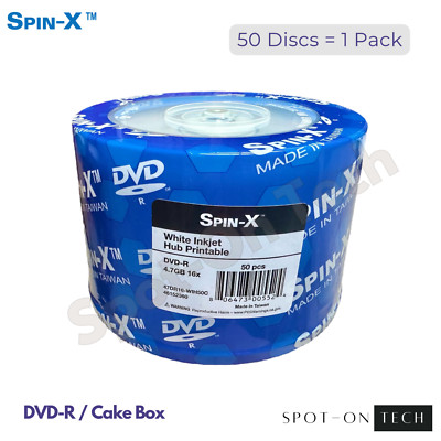 50 Spin-X DVD-R DVD White Inkjet HUB Print Blank media Disc 16X 4.7GB ...