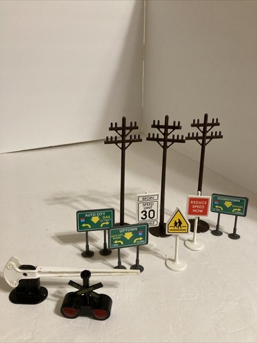miniature lot of 7” telephone poles 3” road signs blinking railroad ...