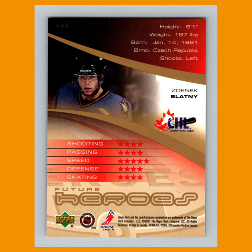 Zdenek Blatny Rookie #177 2000 Upper Deck Heroes Kootenay Ice Hockey ...