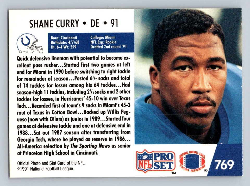 1991 Pro Set - Shane Curry #769 (RC) Indianapolis Colts | eBay