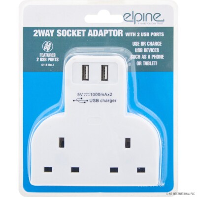 2 WAY Gang Multi PLUG ADAPTER WITH 2 USB PORT UK Wall SCOKET ADAPTOR ...