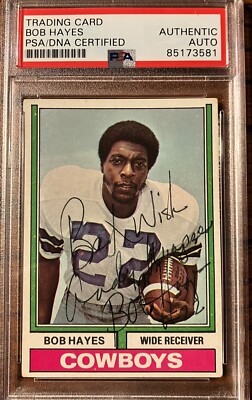 Bob Hayes signed 1974 Topps card, #28, Olympic Gold, Dallas Cowboys ...
