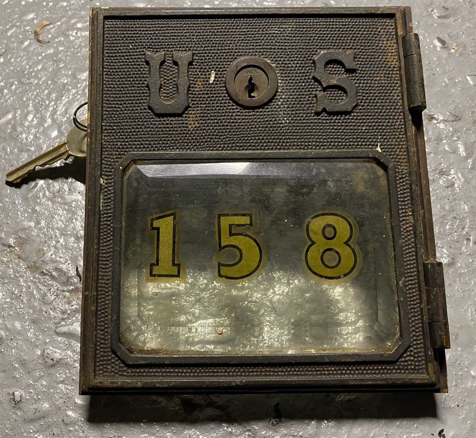 1880's #2 size Antique Cast Brass USPS P.O Box Door #158 w/ key beveled ...