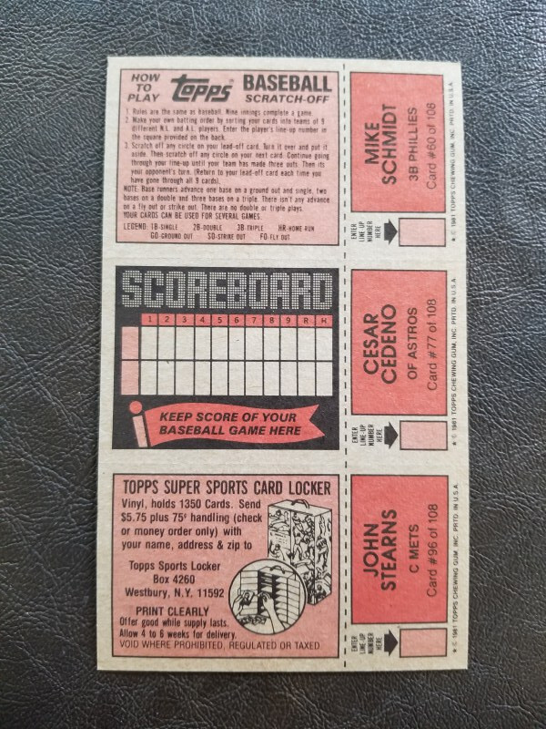 1981 TOPPS BASEBALL SCRATCH-OFF COMPLETE PANEL SCHMIDT CEDENO STEARNS ...