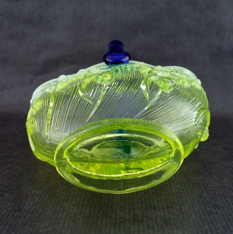 Vaseline FENTON Basket TOPAZ OPALESCENT Lily Valley BLUE Handle MARKED ...