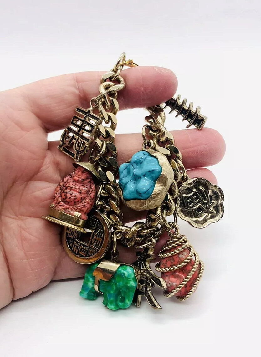 Large Chunky Asian Themed Charm Bracelet Art Glass Bu… - Gem