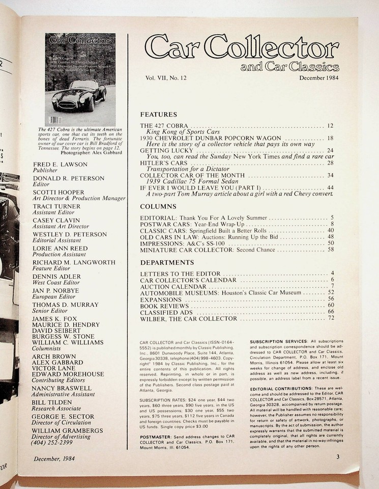 1984 December Car Collector & Classics Magazine 1939 Cadillac 75 1930 ...