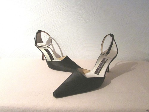 Rickard Shah Sylvia black satin pointed toe ankle strap evening pump ...