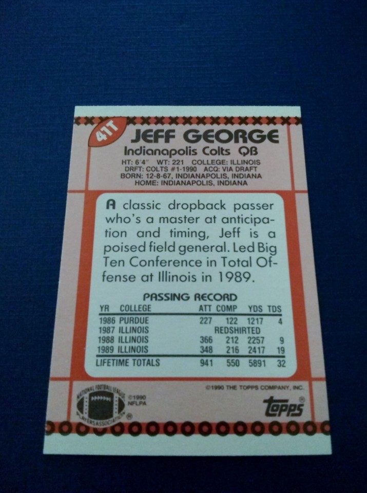 1990 Topps Traded Football Jeff George Rookie Card #41T Set Break NM-MT ...