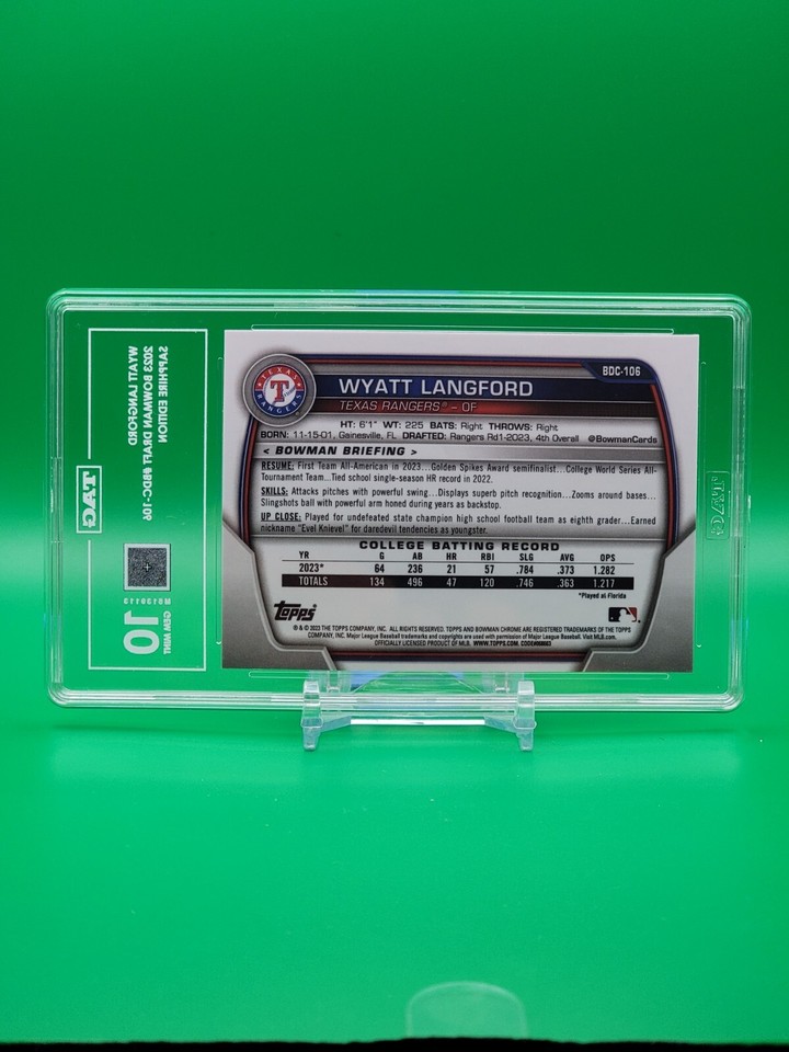 WYATT LANGFORD TAG 10 GEM MINT 2023 BOWMAN DRAFT SAPPHIRE EDITION # ...