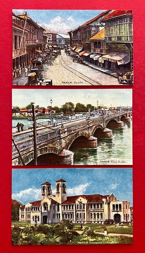 3 x Künstler AK MANILA um 1905 Escolta, Stone Bridge, Government Lab ...