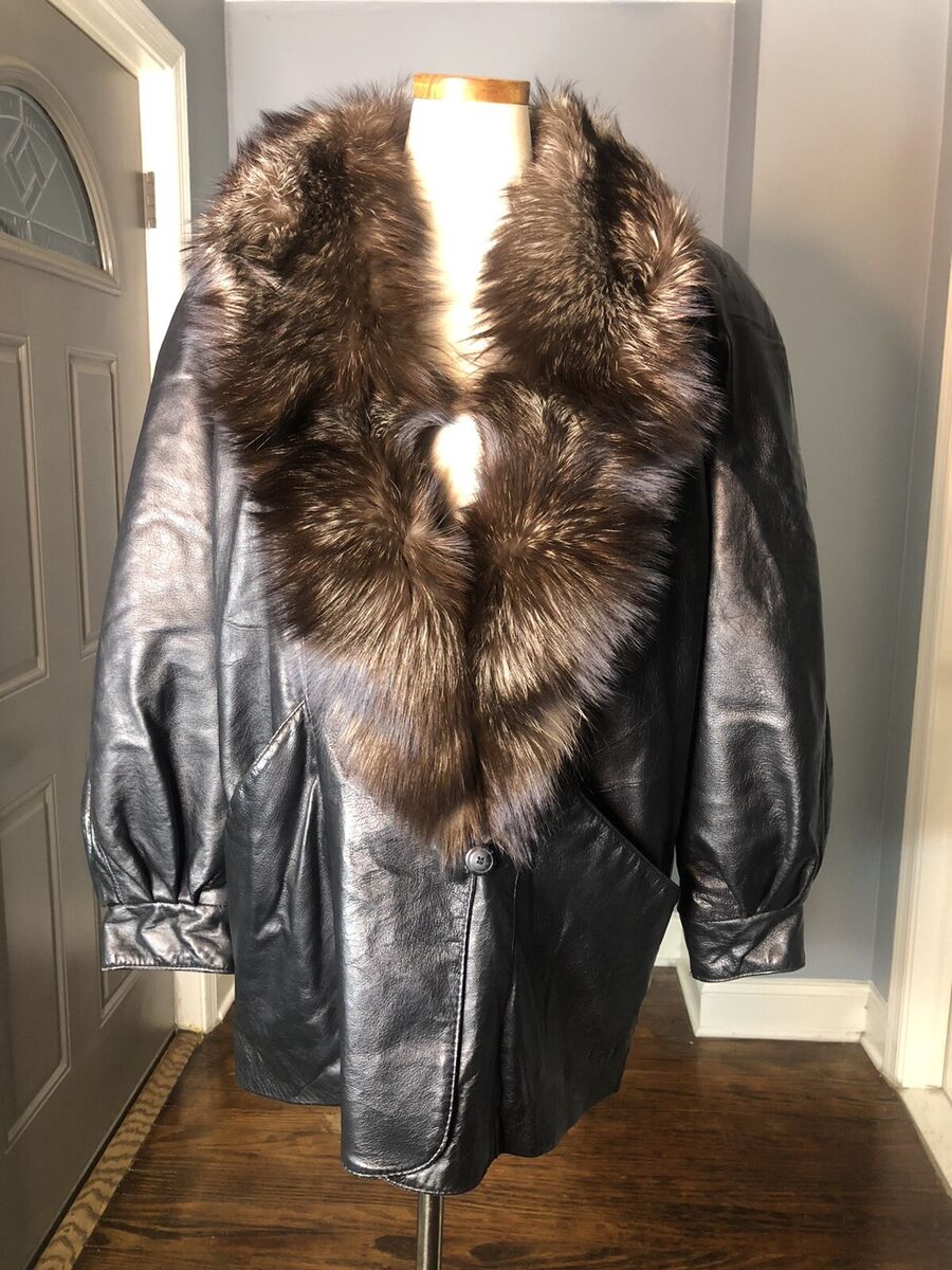 J Percy, Marvin Richards Black Leather Coat Fox Fur Collar J Percy, Marvin Richards Black Leather Coat Fox Fur Collar