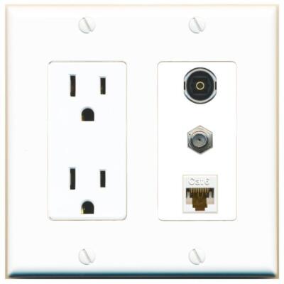 3 Port Power Outlet Cover Plug Jack UL 2 Gang CAT6 COAX TOSLINK Wall ...