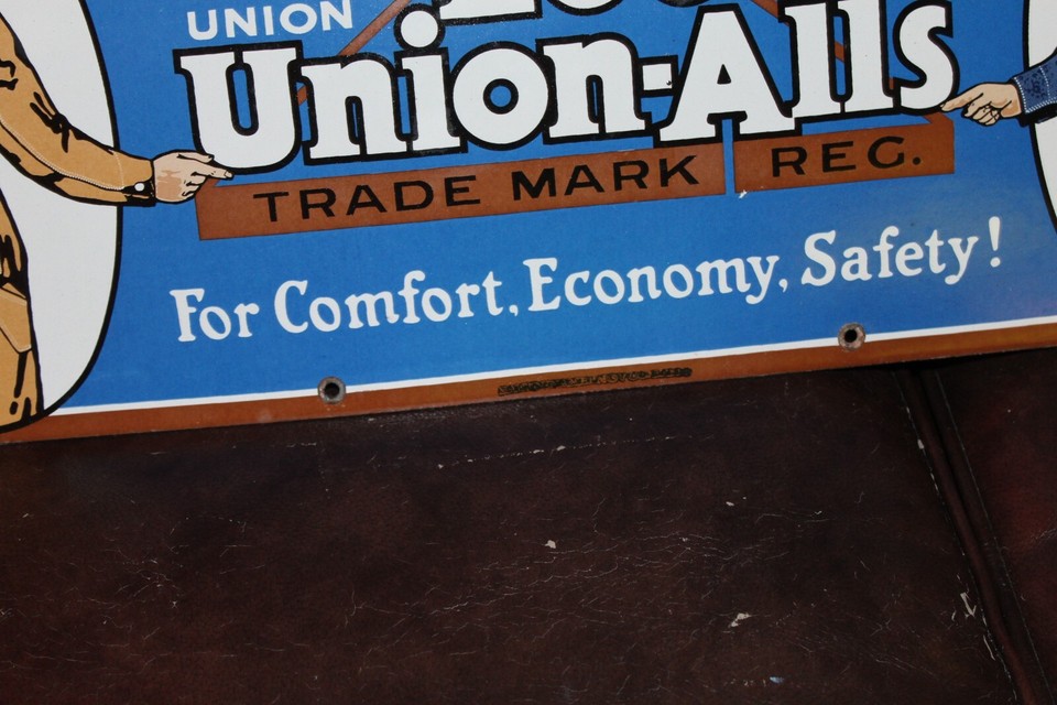 RARE LEE OVERALL UNION ALLIS DEALER PORCELAIN METAL WORK WEAR DENIM ...