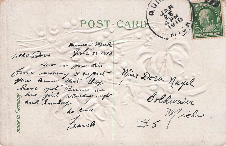 Antique Card Quincy to Coldwater MI Michigan Dora Nagel Vtg Postcard ...