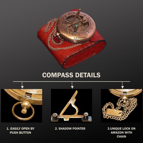Brass Sundial Compass Vintage Pocket Style Nautical Keychain, Pendant ...