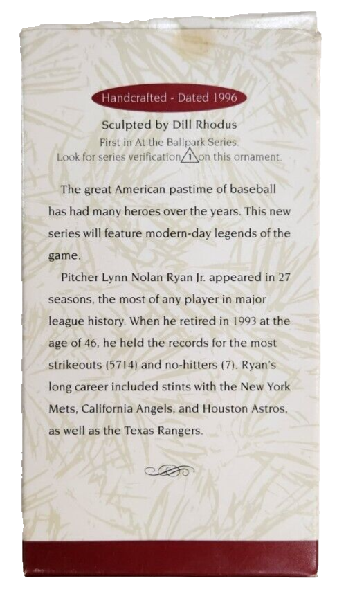 1996 Hallmark Keepsake Ornament Nolan Ryan At the Ballpark #1 Baseball ...