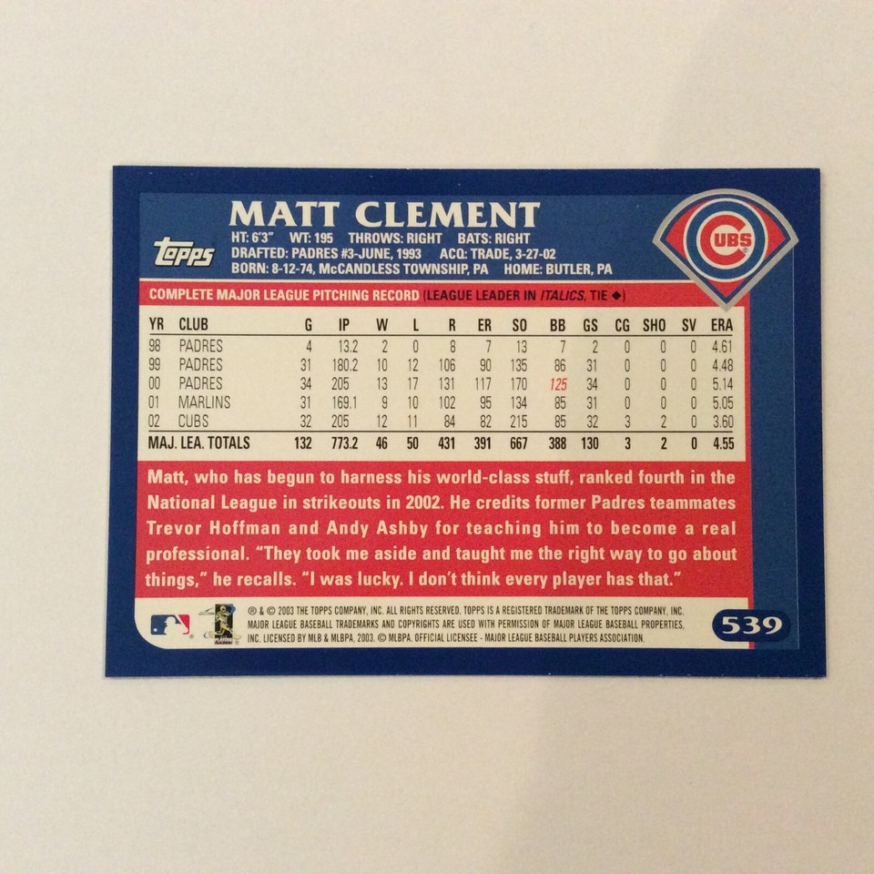 2003 Topps #539 Matt Clement Chicago Cubs | eBay
