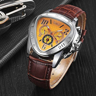 1Pc Mechanical Automatic Fashion Men Triangle Dial Leather Band Wrist ...