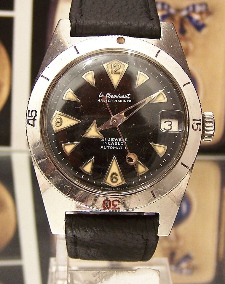 VINTAGE RARE C'68 LE CHEMINANT MASTER MARINER MILITARY STYLE BLACK DIAL ...