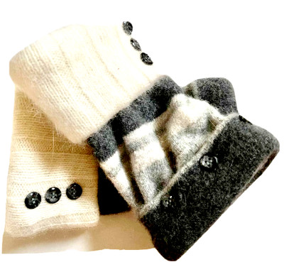 FINGERLESS GLOVES GRAY IVORY ANGORA WOOL XL EXTRA-LARGE MITTENS ARM ...