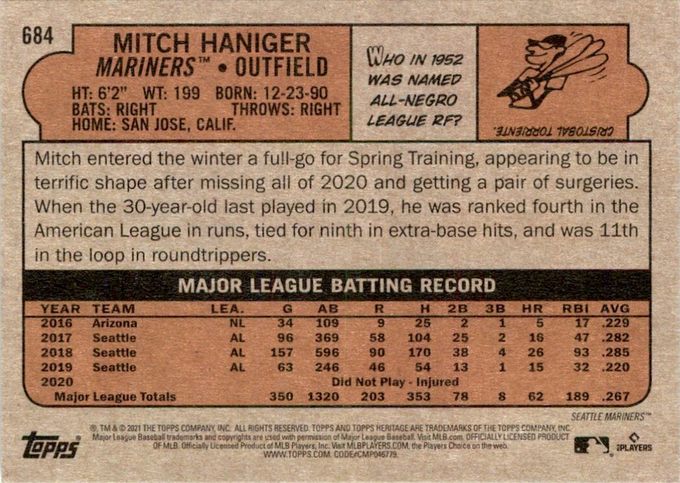 2021 Topps Heritage Mitch Haniger Seattle Mariners #684 | eBay